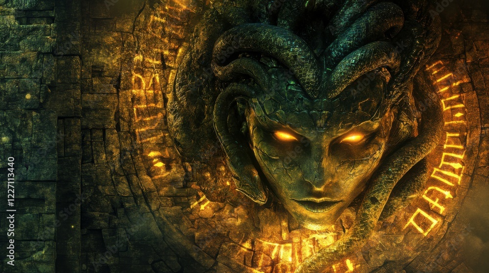 Gorgon in an ancient temple, her snake-covered head striking fear ...