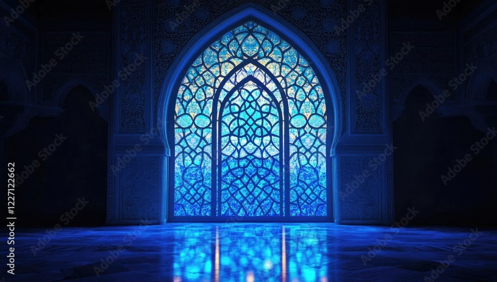 3D render of an Islamic design window with blue light and arabesque ...