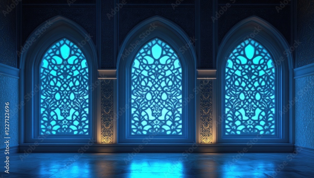 3D render of an Islamic-design window with blue light and arabesque ...