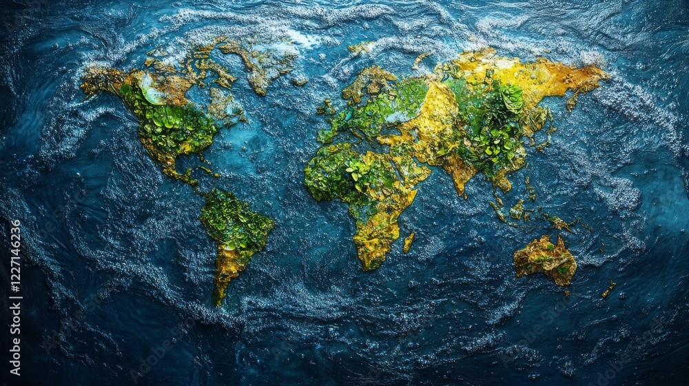 Textured World Map with Greenery and Blue Ocean Depths an artistic ...