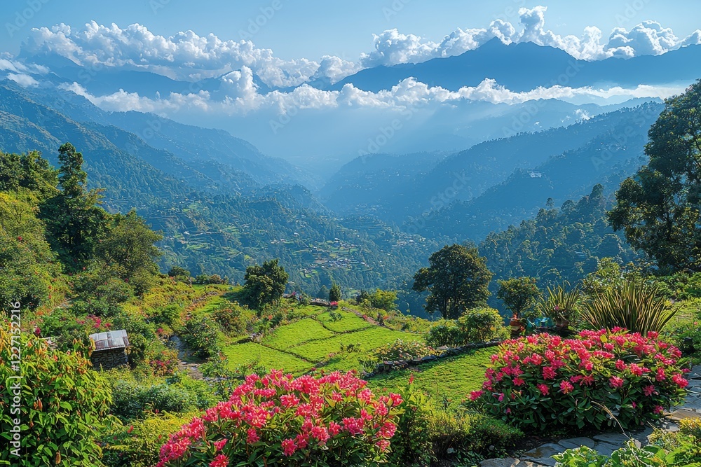 Mountain landscape featuring clouds and meadows, with Himalayas peaks ...
