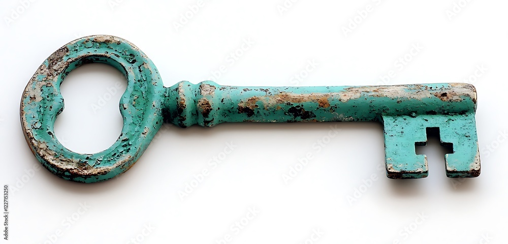 Emerald green rustic key with worn texture, elegantly placed on white ...