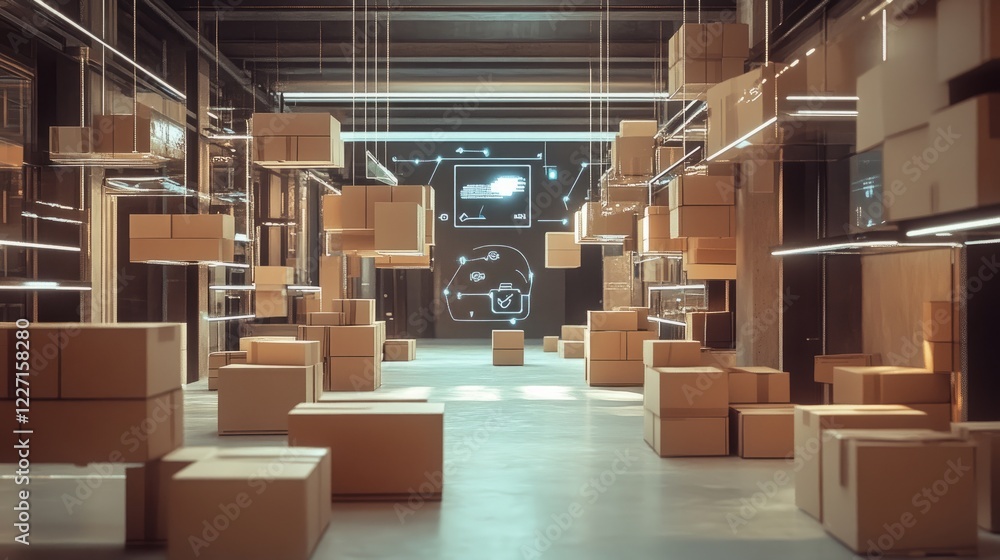 Foto de Stock An IoT-powered warehouse with smart sensors tracking ...