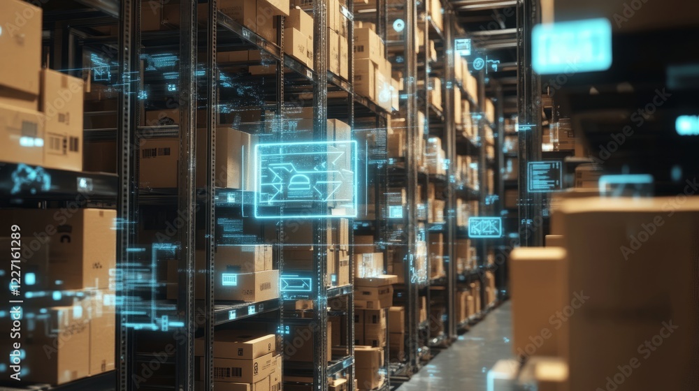 Warehouse storage racks filled with cardboard boxes, surrounded by ...