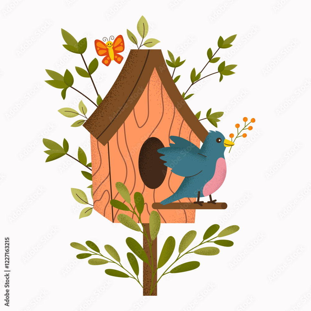 Isolated wooden birdhouse with colorful bird, green branches and ...