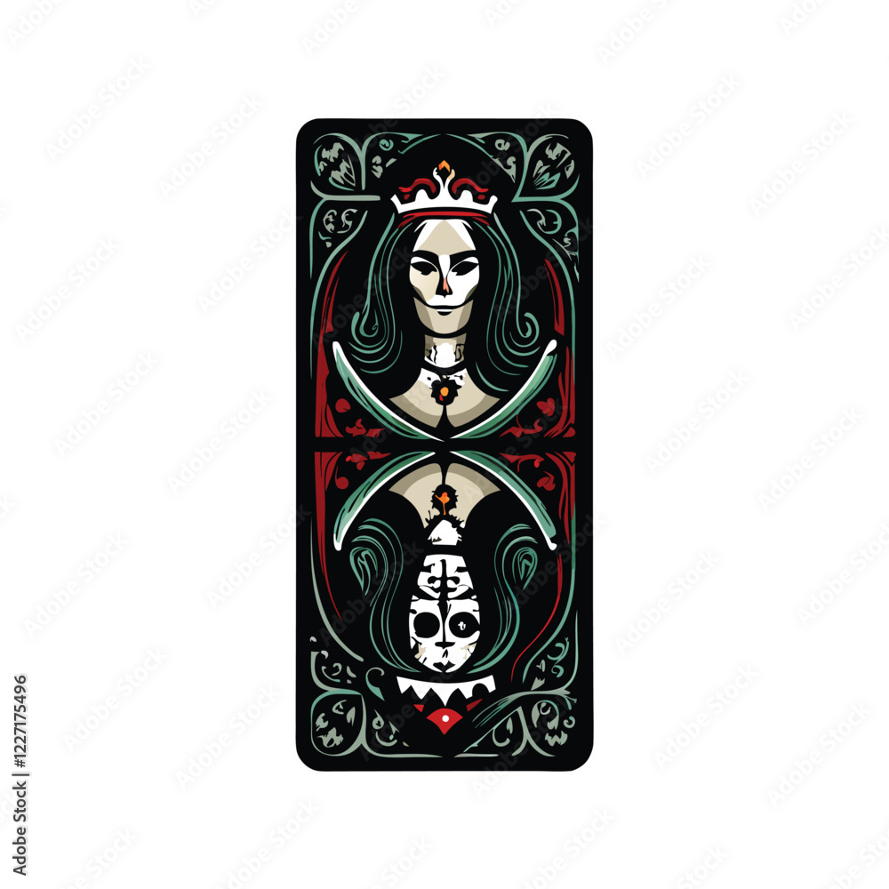 Design a gothic playing card, death-themed, featuring a stylized skull ...