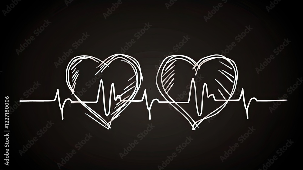 A white line drawing of two hearts connected by an adorable heart beat ...