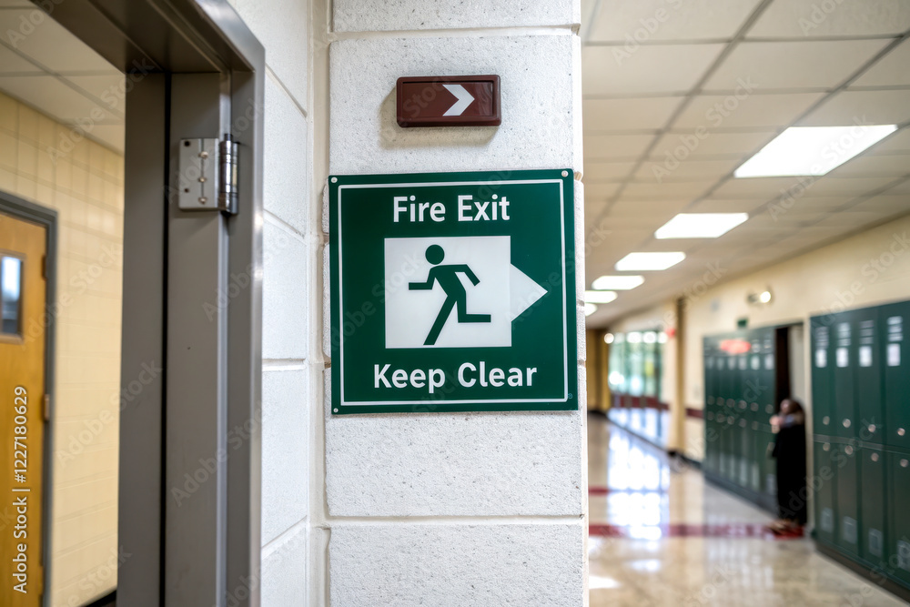 An emergency exit sign indicating the fire exit, with a directive to ...