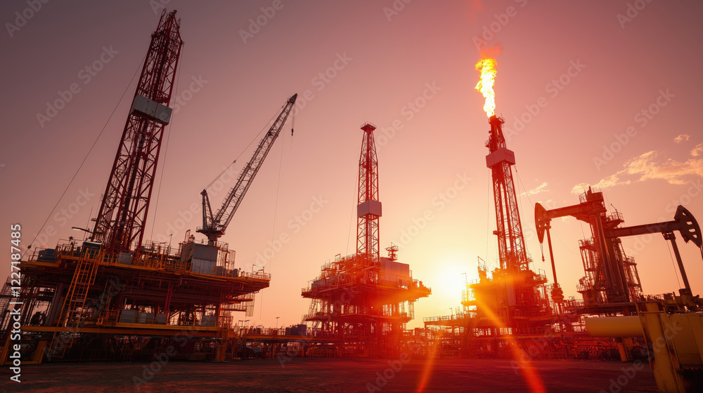 Multiple oil drilling rigs stand tall against a vibrant sunset, with ...