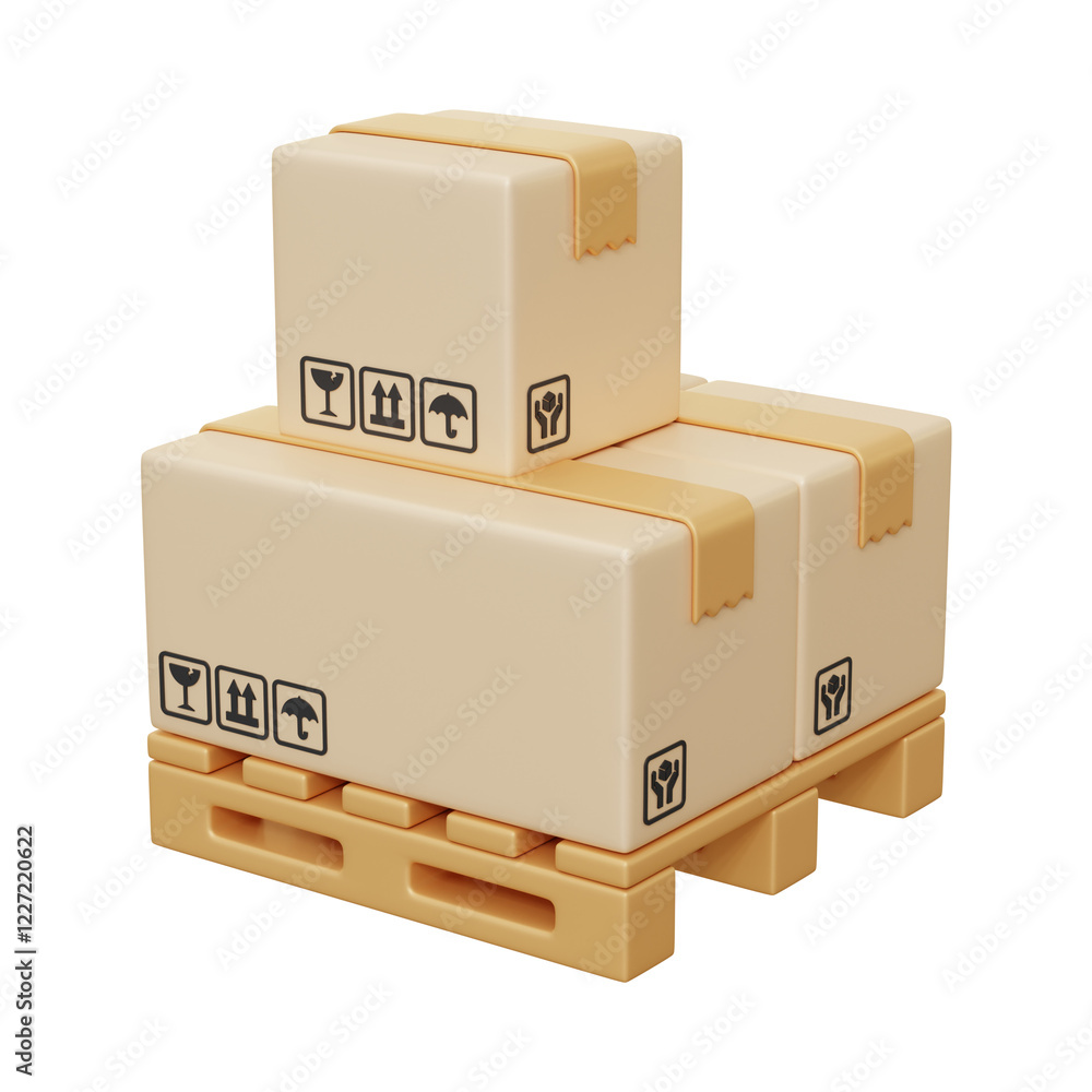 Cardboard boxes, wooden pallet, shipping labels, stacked packages ...