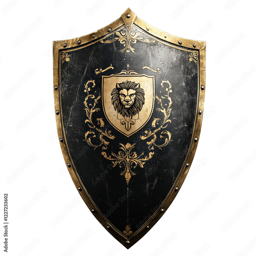 Medieval knight's shield with an ornate lion emblem, gold detailing ...
