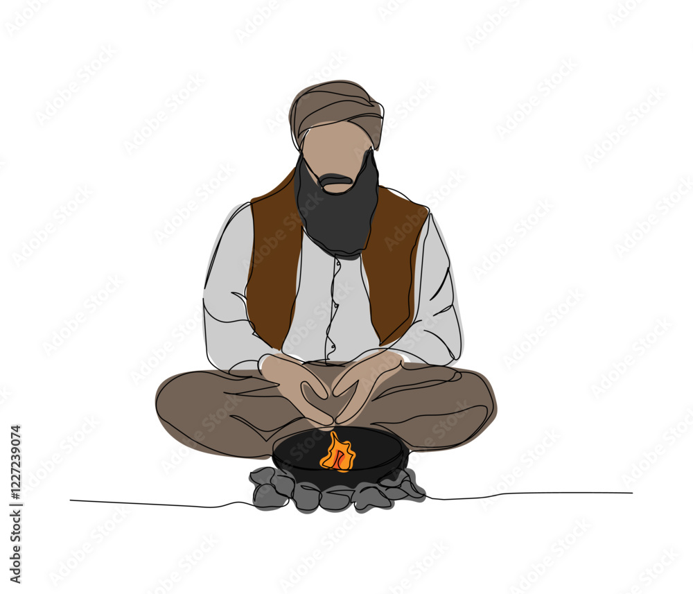 Arab man by the fire, magician, alchemist, healer one color line art ...