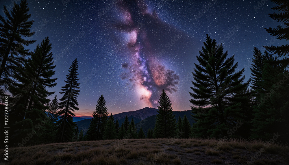 Nighttime forest landscape with tall evergreen trees under a brilliant ...