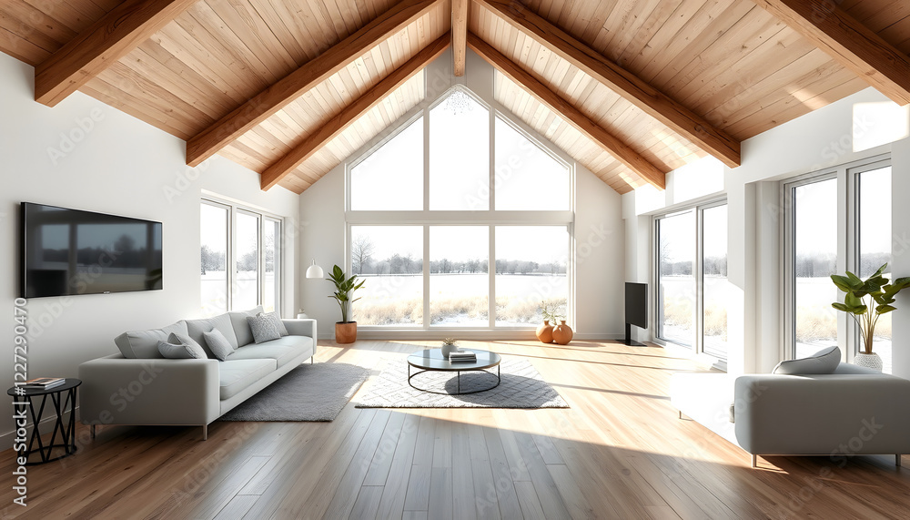 Living room of luxury eco house, parquet floor and wooden roof trusses ...