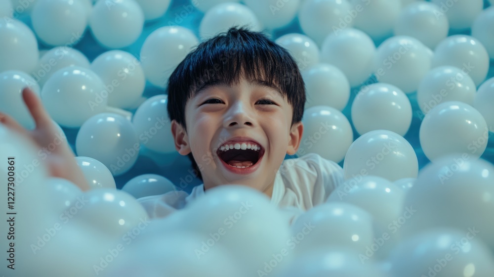 Cheerful cute asian child immersed in sea of plastic white balls, pure ...