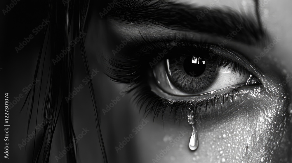 Black and white close up tear falling from human eye on cheek. Deep sad ...