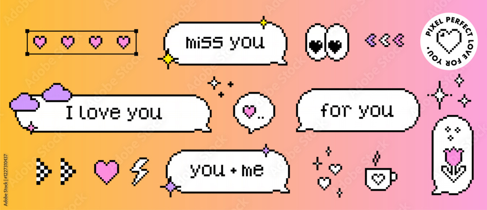 Speech bubble love messages in pixel art. I love you. Miss you. Love ...