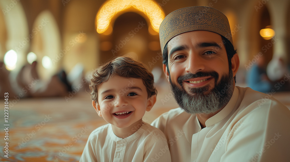 Happy father and son bonding in a beautifully lit mosque, dressed in ...