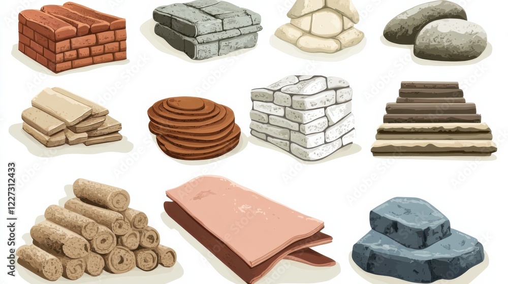 Various types of building materials displayed in an organized layout ...