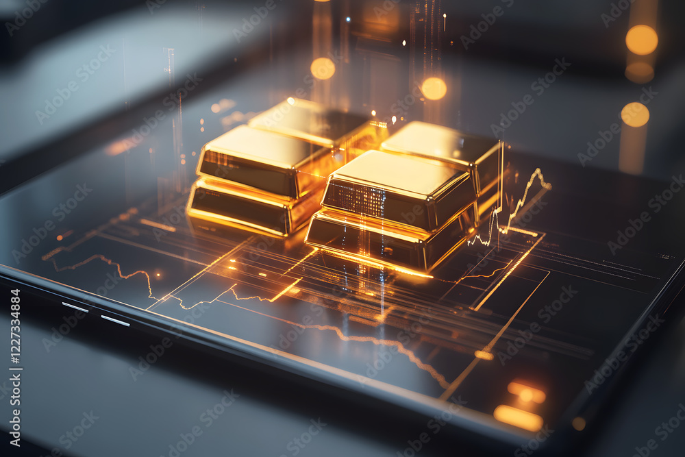 Stack of gold bars on screen smartphone overlaid with trading graph ...