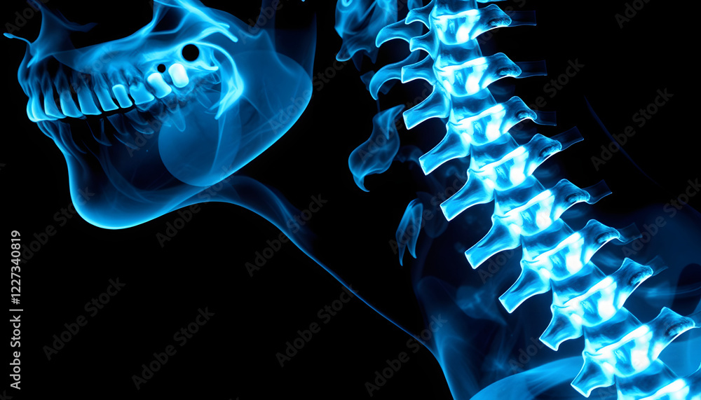 X ray film of the spine reveals cervical spondylosis, illuminated to ...