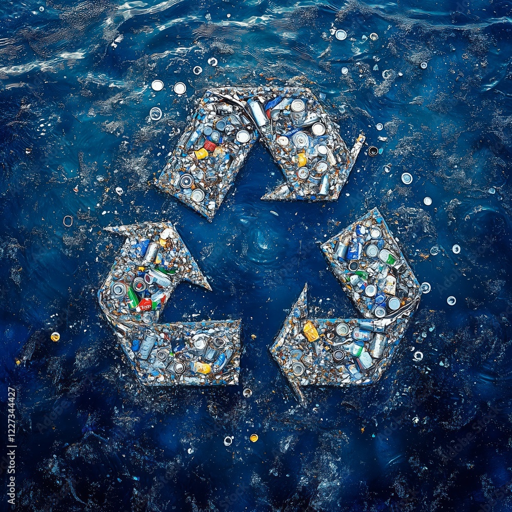 Recycling icon made from plastic waste in ocean showcasing need for eco ...