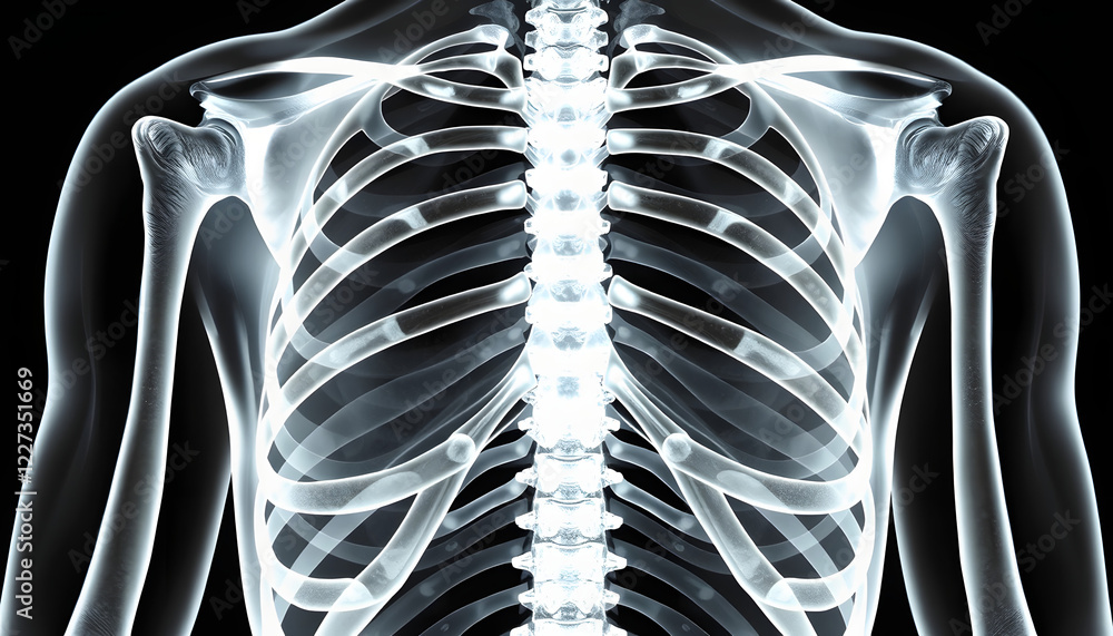 Chest x-ray with ribs and spinal cord. Skeletal bones , with white ...