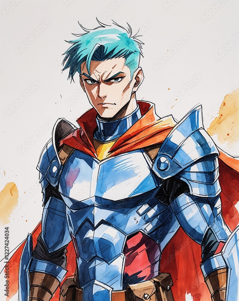 young adult male angry buzz cut armor and cape watercolor anime style ...