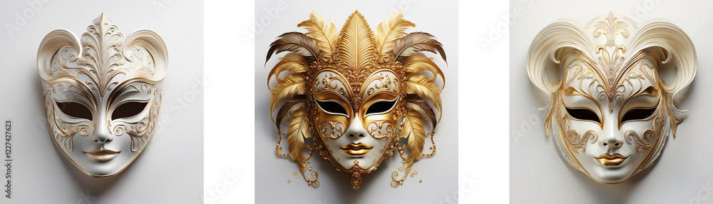 Three elegant Venetian-style masks, each with unique adornments, are ...