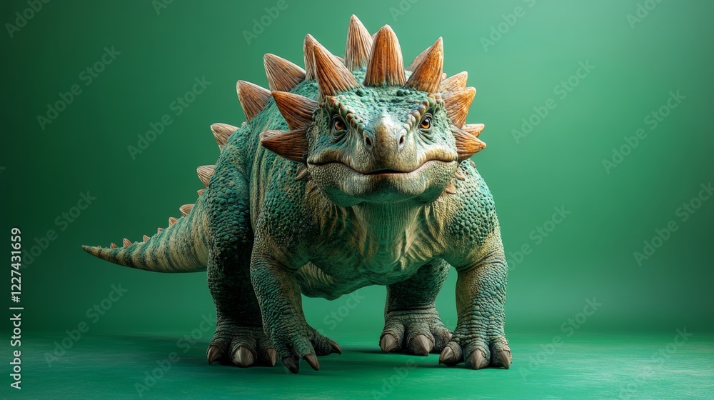 A detailed full-body Stegosaurus standing in isolation on a green ...