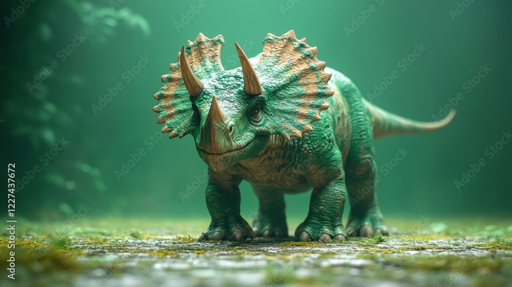 Photorealistic 8K render of a Triceratops standing on a solid green ...