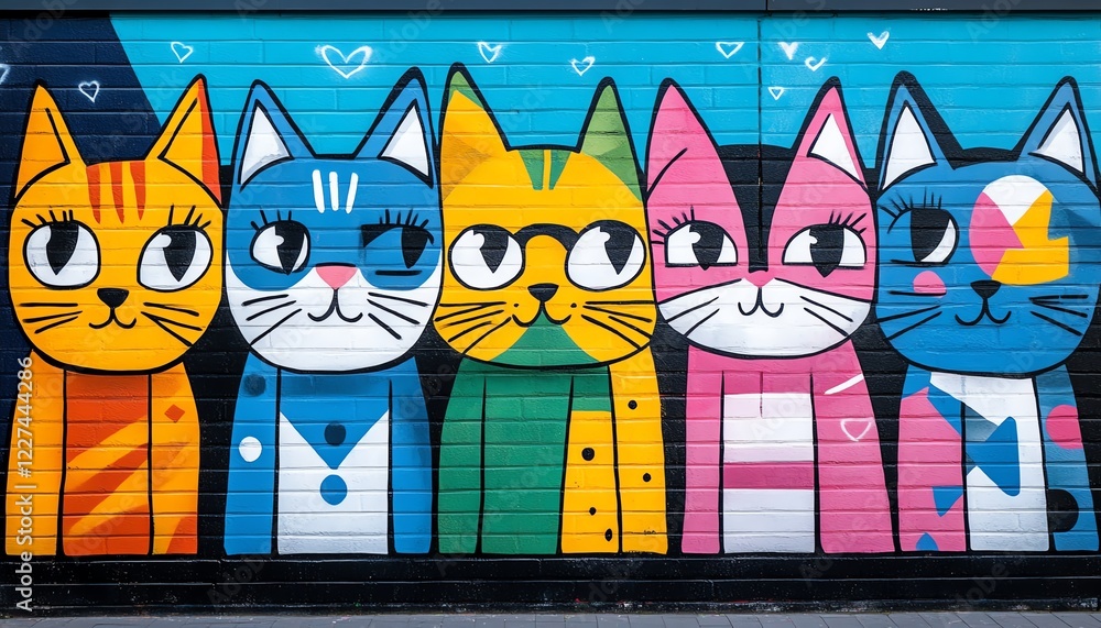Dynamic street art mural of cartoon cats with unique expressions and ...