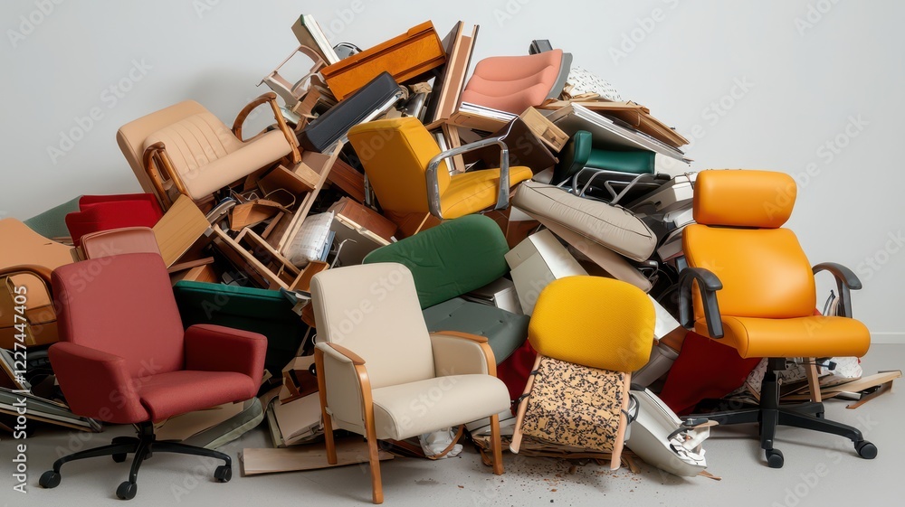 Crumbling pyramid of office chairs, [business collapse], [visual ...