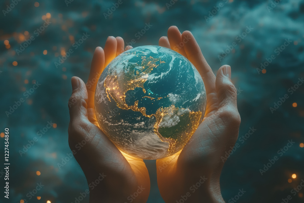 Two hands cupping a glowing representation of earth against a dark ...
