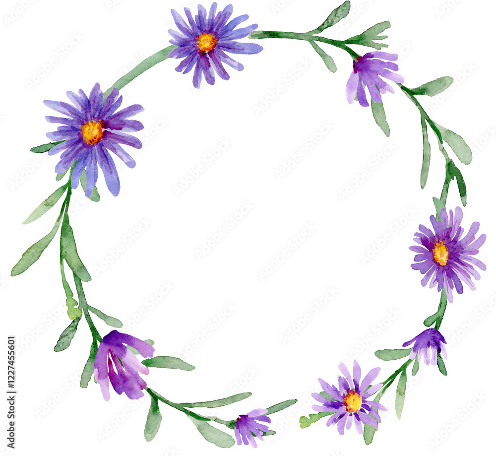 Purple daisy flower border frame wreath watercolor floral illustration ...