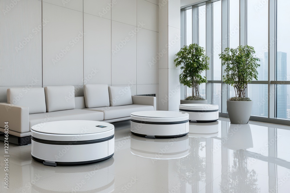 A futuristic female tycoon in an office with intelligent, self-moving ...