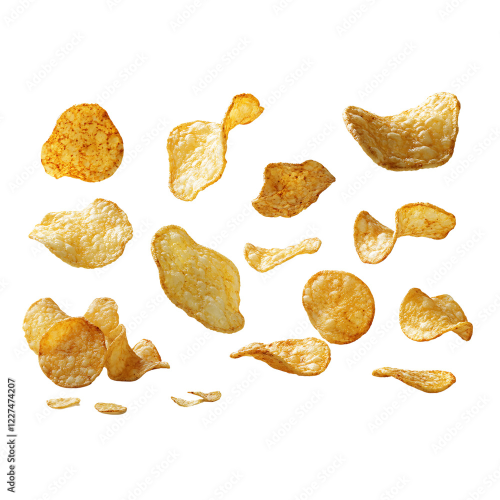 Crispy potato chips floating in the air for package and other designs ...