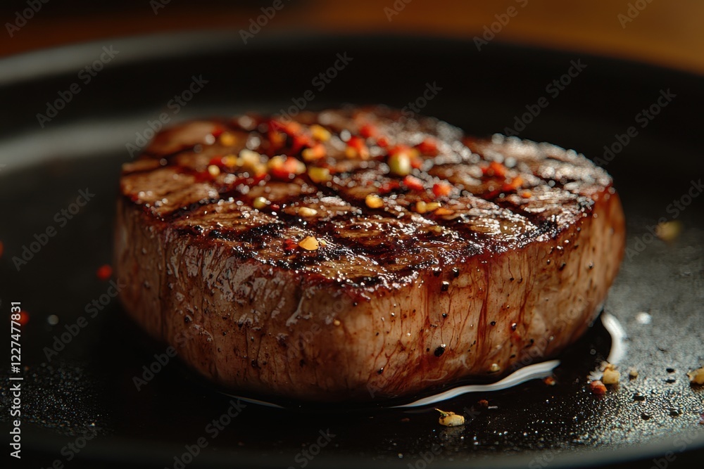 perfectly cooked bife ancho (ribeye steak). The steak shown with a ...