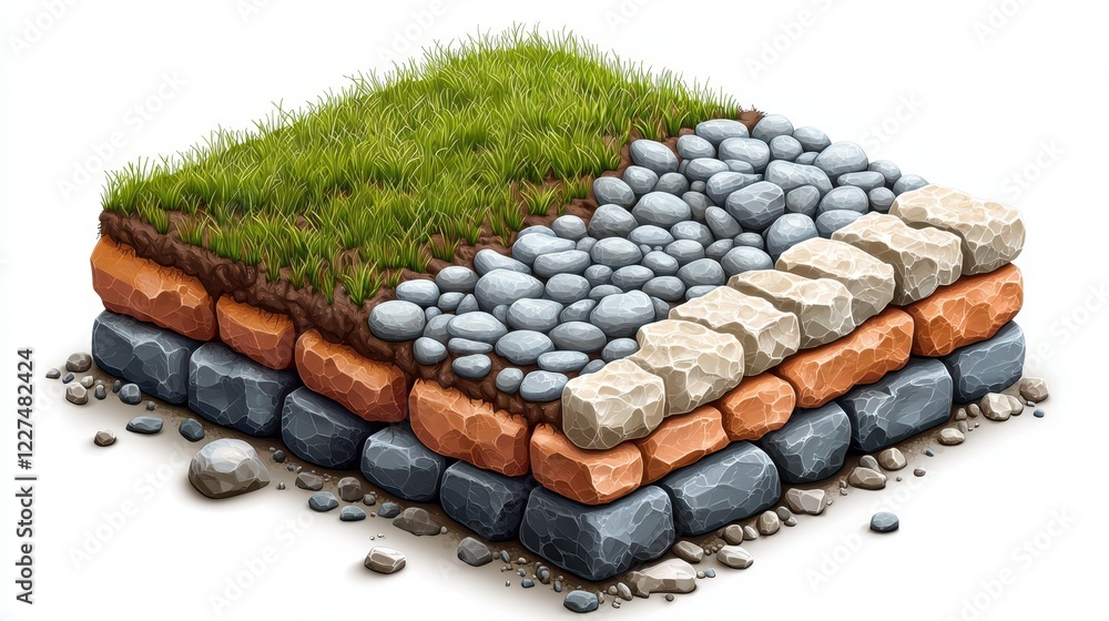 Grassy Terrain Section with Cobblestone Path and Brick Wall ...