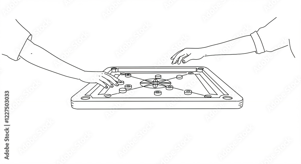Line drawing of two hands over a carrom board with pieces scattered ...