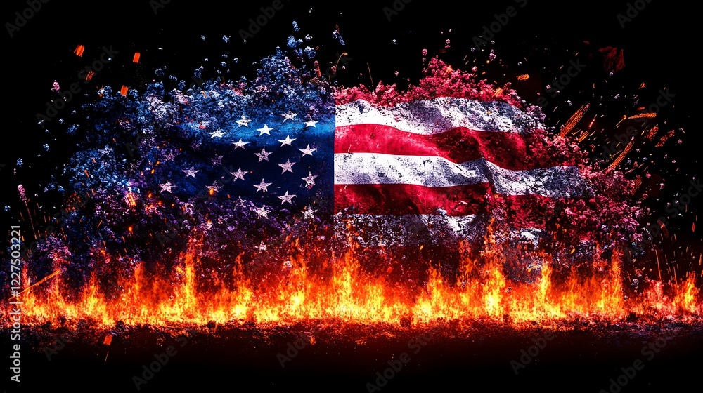 An American flag, seemingly consumed by fire and disintegration ...