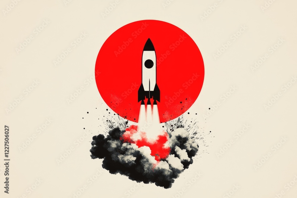 A flat design of a rocket failing to launch, with smoke and sparks at ...