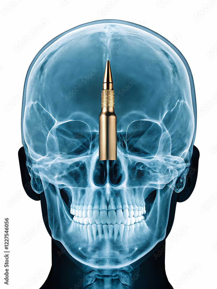 X-Ray Image of Human Skull with Bullet Inside Brain isolated on white ...