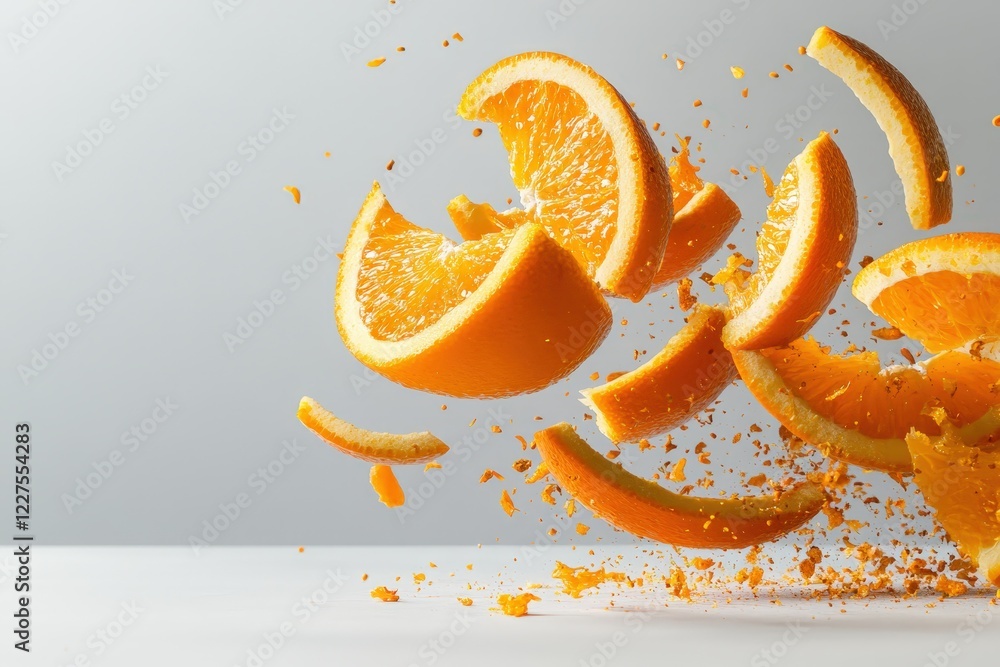 An explosion of orange slices captures the dynamic action and energy of ...