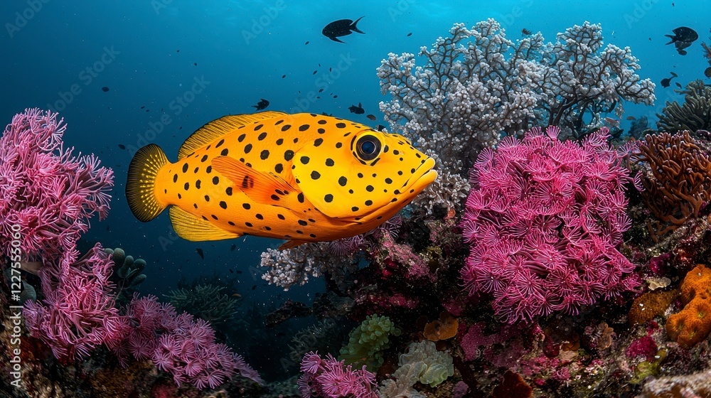 Orange spotted grouper swims coral reef, underwater scene Stock Photo ...