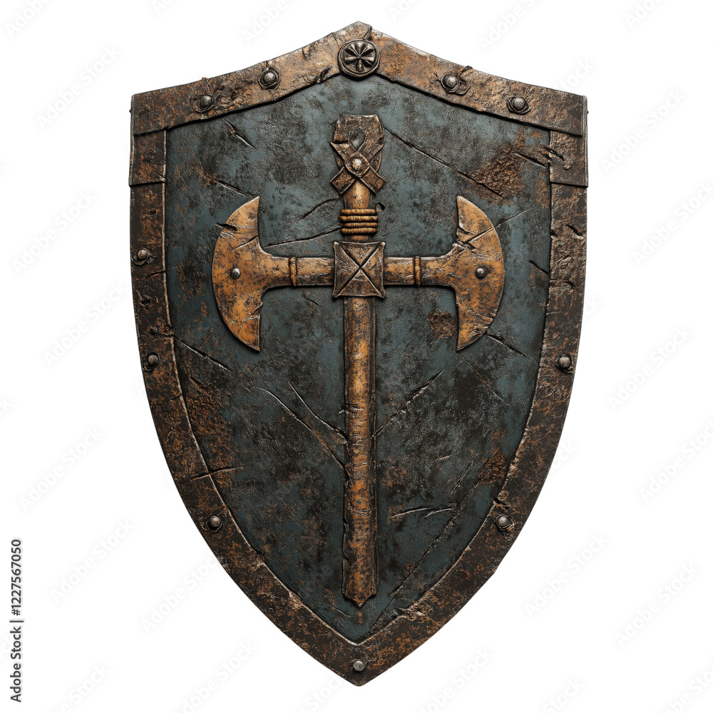 Medieval warrior shield with crossed battle axes and a central emblem ...