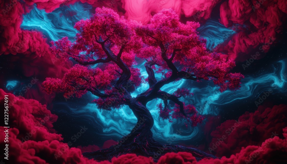 Towering biomechanical tree with glowing branches under a swirling ...