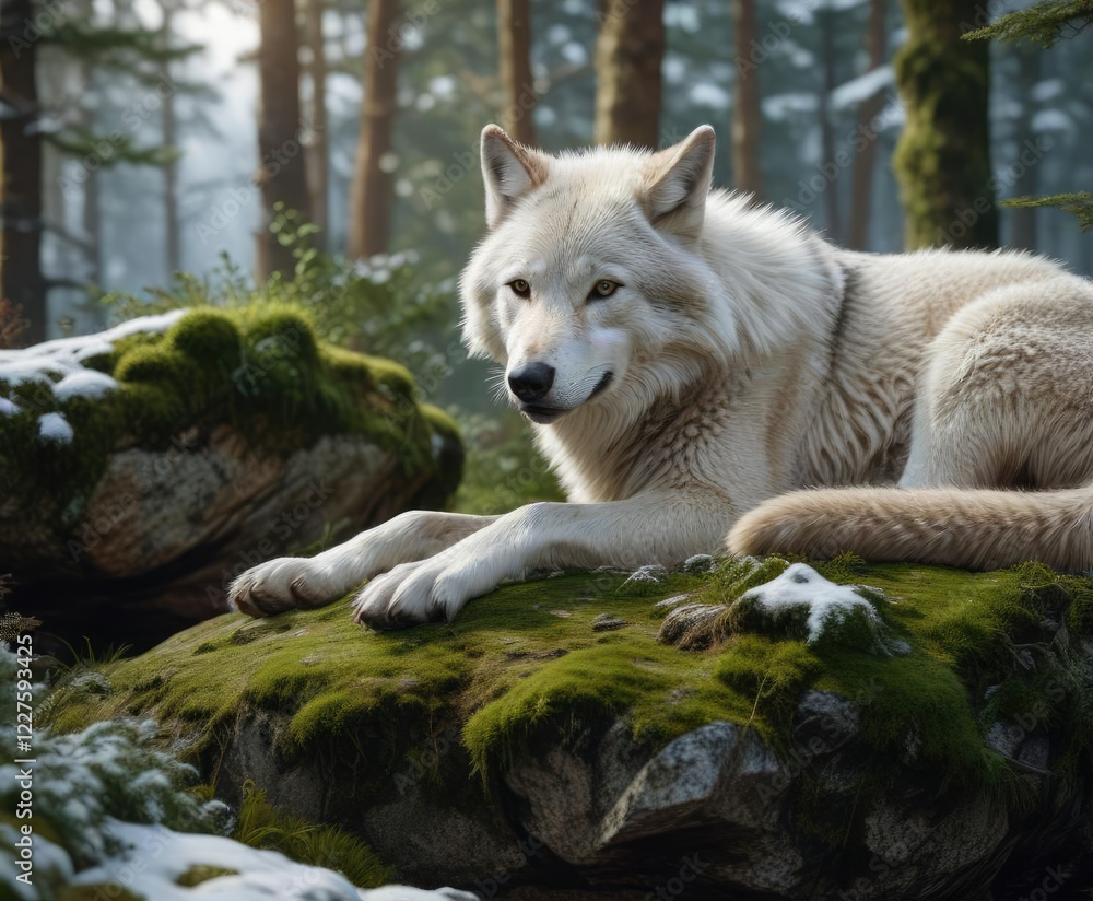 Snowy wolf curled up on a moss-covered boulder in the forest, Canadian ...
