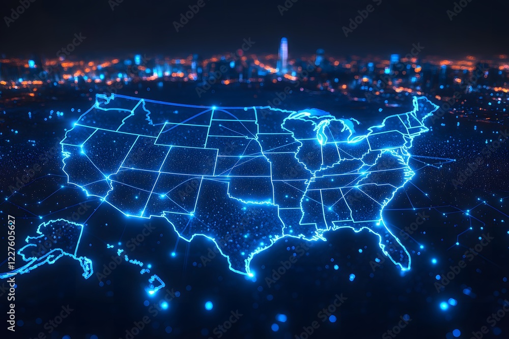 Map of United States. Wire frame 3D mesh polygonal network line, design ...