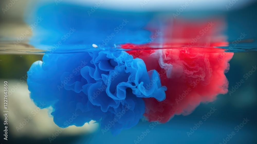 Vibrant blue and red ink swirling together under water, creating an ...